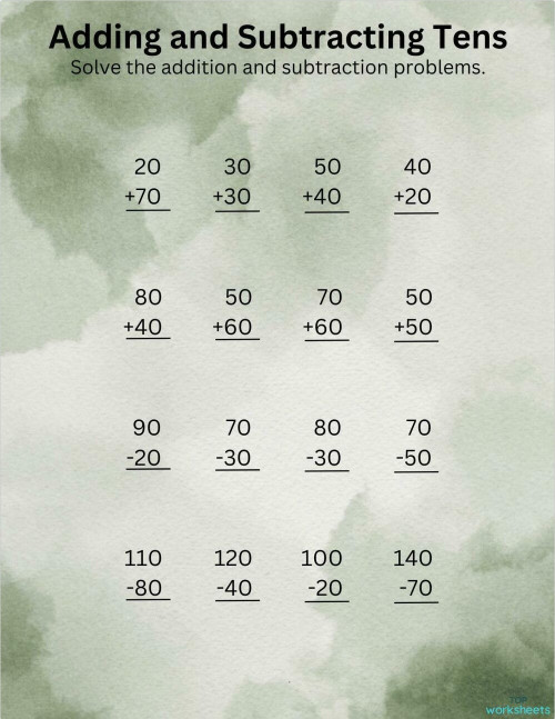 Adding and Subtracting Tens. Interactive worksheet | TopWorksheets