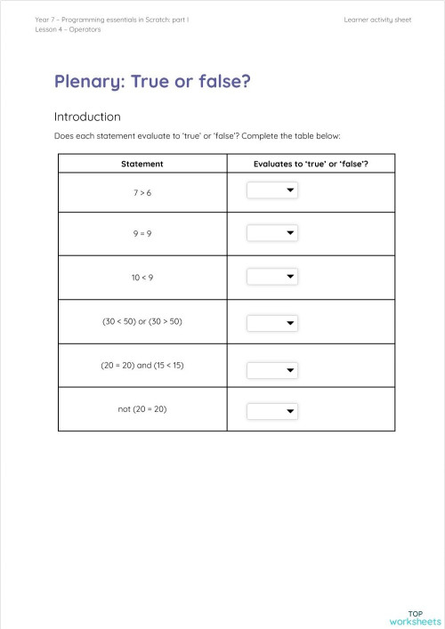 True or False. Interactive worksheet | TopWorksheets