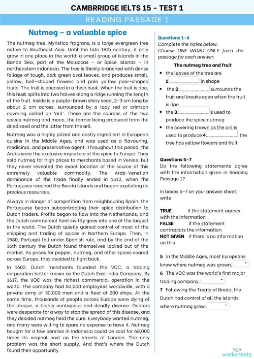 Cambridge IELTS 15 Reading Test 01. Interactive worksheet | TopWorksheets