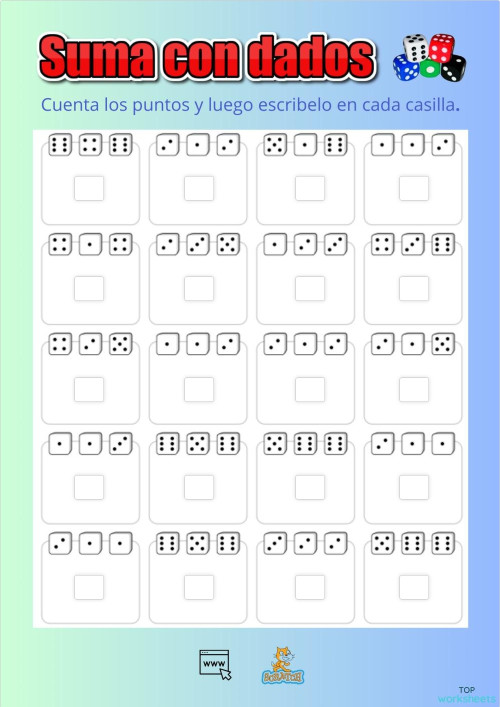 Suma con dados 01. Ficha interactiva | TopWorksheets