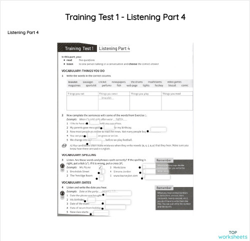 Training Test 1 - Listening Part 4. Interactive worksheet | TopWorksheets
