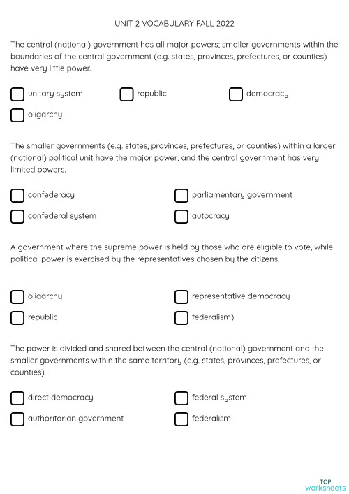 UNIT 2 VOCABULARY FALL 2022. Interactive worksheet | TopWorksheets