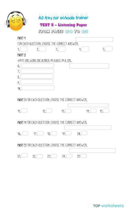 A2 key for schools- Listening Test 5- answer sheet. Interactive ...