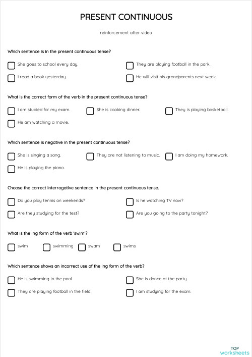 PRESENT CONTINUOUS. Interactive worksheet | TopWorksheets