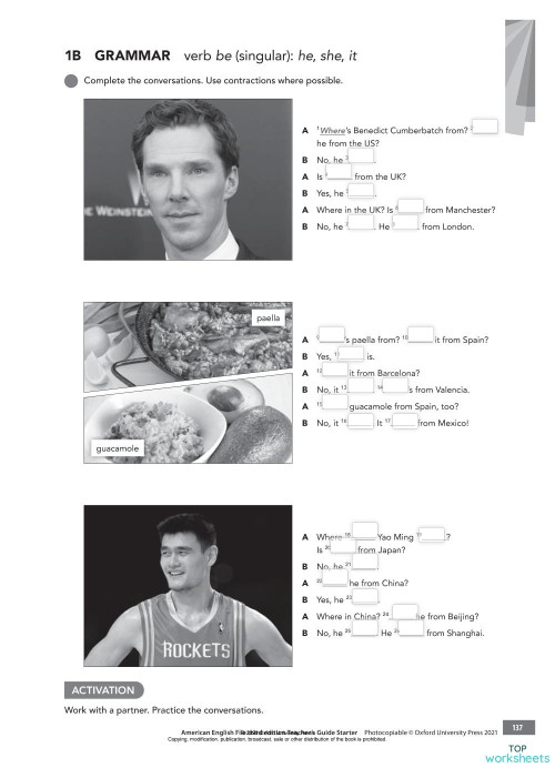 1B verb be (singular): he, she, it. Interactive worksheet | TopWorksheets