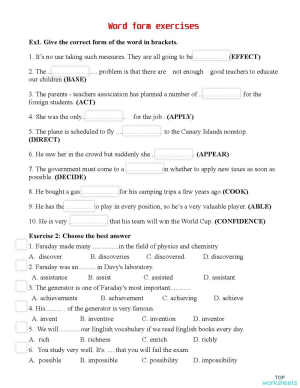 Word form exercises. Interactive worksheet | TopWorksheets