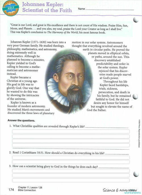 Lesson 128: Johannes Kepler: Scientist of Faith Pg 174. Interactive ...