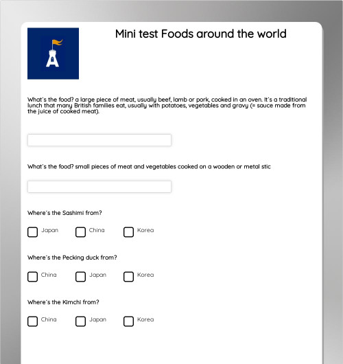 Mini test Foods around the world. Interactive worksheet | TopWorksheets