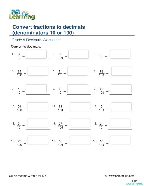 5th Grade Fraction Conversions to Decimals. Interactive worksheet ...