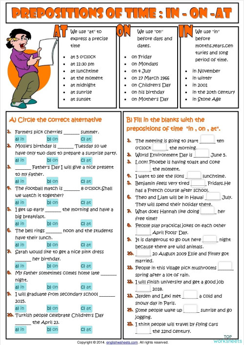 Prepositions of Time: In-On-At. Interactive worksheet | TopWorksheets
