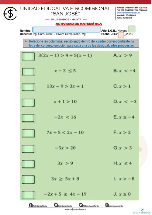 Inecuaciones: fichas interactivas y ejercicios online | TopWorksheets