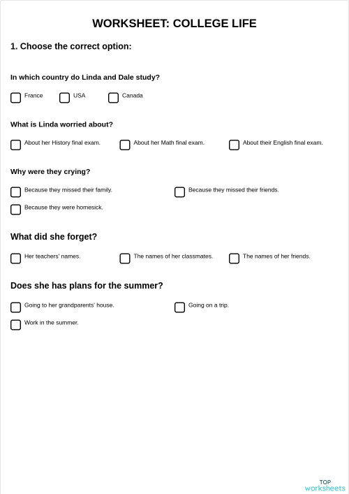 WORKSHEET: COLLEGE LIFE. Interactive worksheet | TopWorksheets
