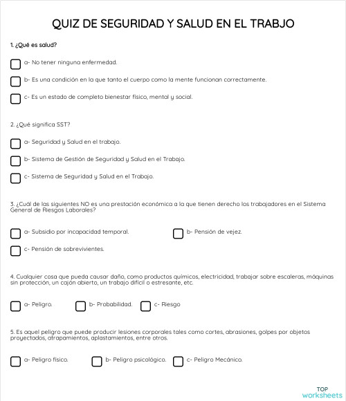 QUIZ DE SEGURIDAD Y SALUD EN EL TRABJO. Ficha interactiva | TopWorksheets