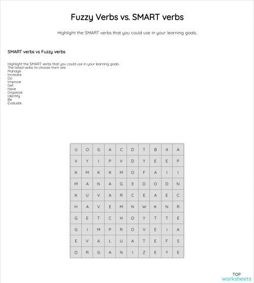 Fuzzy Verbs vs. SMART verbs. Interactive worksheet | TopWorksheets