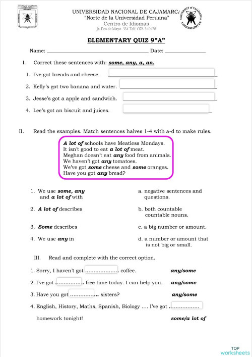 ELEMENTARY QUIZ 9AAA. Interactive worksheet | TopWorksheets