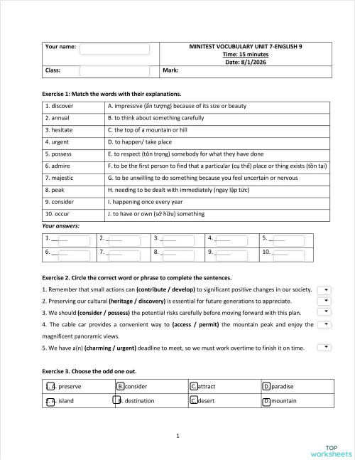 ANH 9 - UNIT 7 - MINITEST VOCAB. Interactive worksheet | TopWorksheets