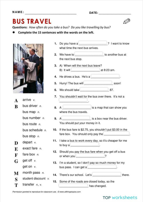 Bus Travel Vocabulary. Interactive worksheet | TopWorksheets