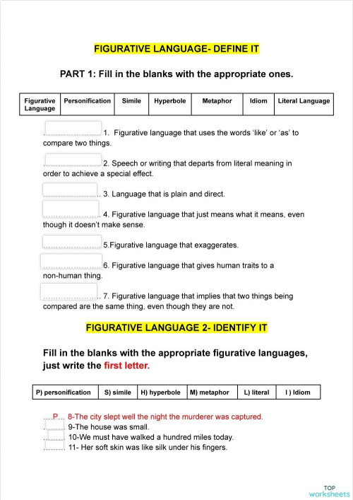 Figurative Language - 1. Interactive worksheet | TopWorksheets