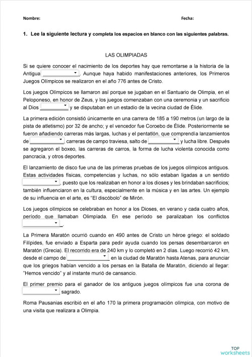Juegos Olímpicos: fichas interactivas y ejercicios online | TopWorksheets