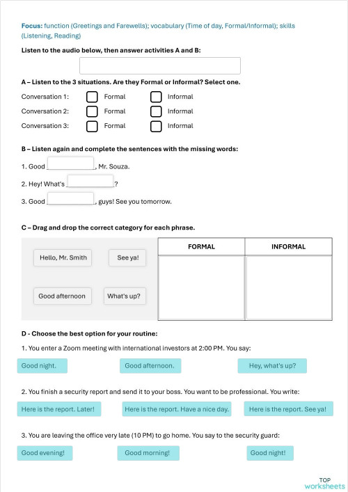 VOCABULARY - Greetings and Farewells. Interactive worksheet | TopWorksheets