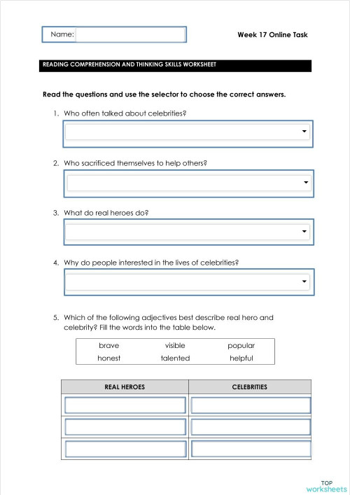 Heroes or Celebrities. Interactive worksheet | TopWorksheets