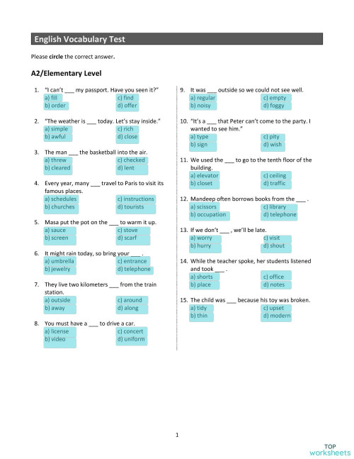 English Vocabulary Test - English Current. Interactive worksheet ...