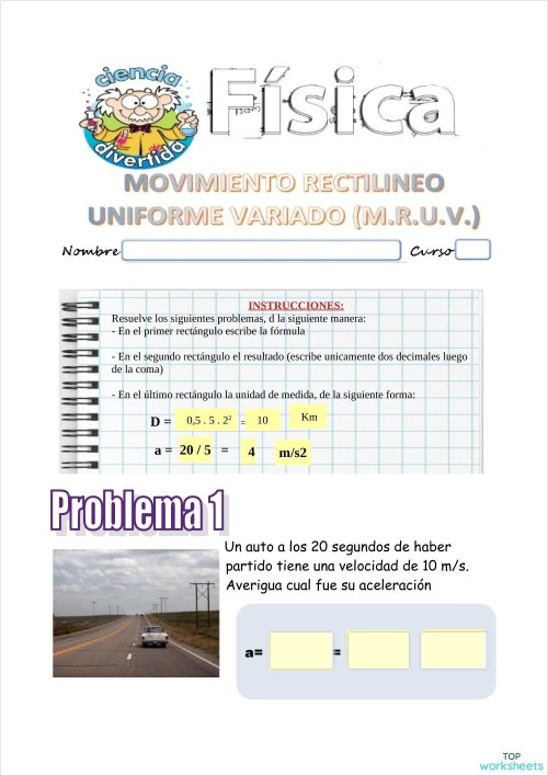 Movimiento Rectilíneo Uniforme Variado. Ficha interactiva | TopWorksheets