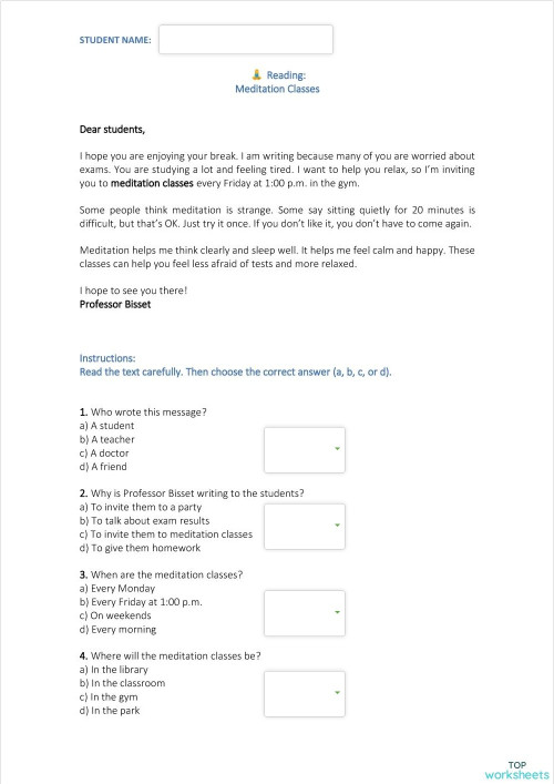 A2_UNIT 2_Reading: Meditation Classes. Interactive worksheet | TopWorksheets