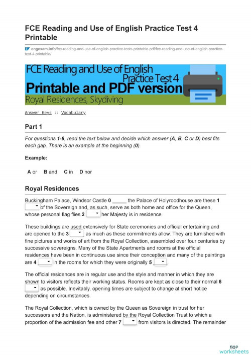 FCE TEST 4 Parts 1-3. Interactive worksheet | TopWorksheets