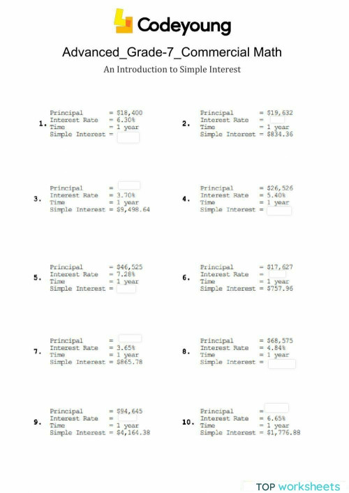 An Introduction to Simple Interest Advanced. Interactive worksheet ...