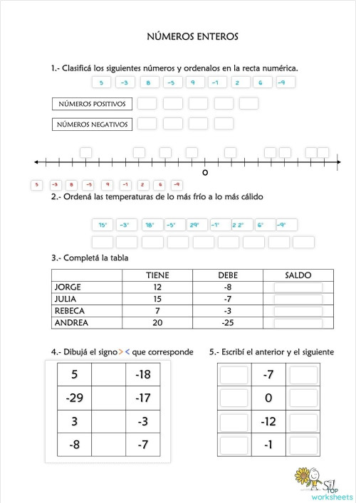 Números Enteros: fichas interactivas y ejercicios online | TopWorksheets