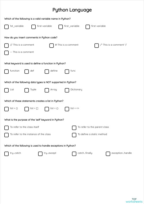 Python Language. Interactive worksheet | TopWorksheets