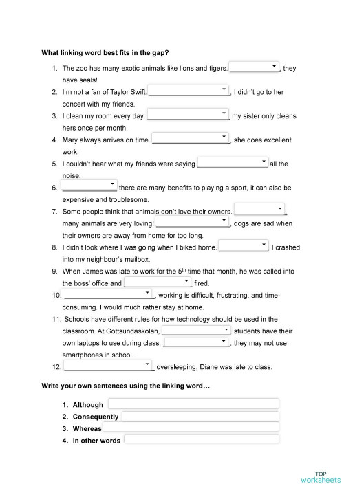 Linking words lvl 2. Interactive worksheet | TopWorksheets