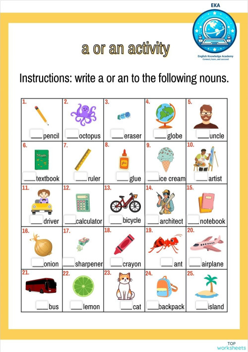 a or an activity. Interactive worksheet | TopWorksheets