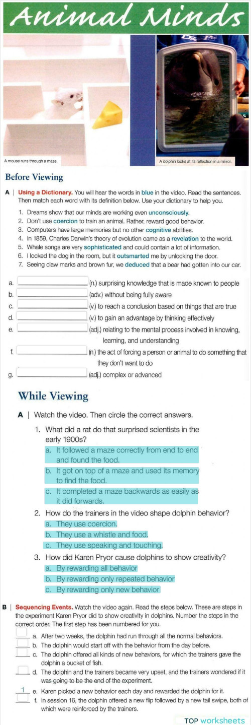 ALS3 video animal minds. Interactive worksheet | TopWorksheets