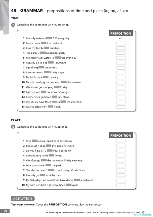 Prepositions of time and place (in, on, at, to). Interactive worksheet ...