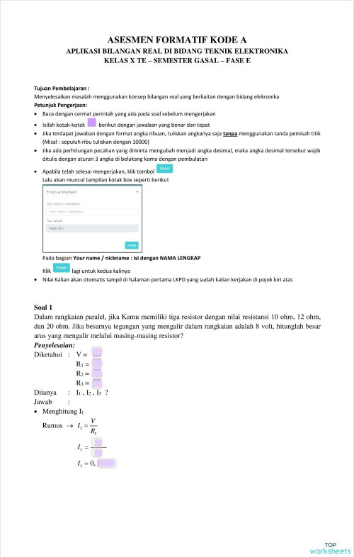 Asesmen formatif aplikasi bilangan real kode A. Interactive worksheet ...