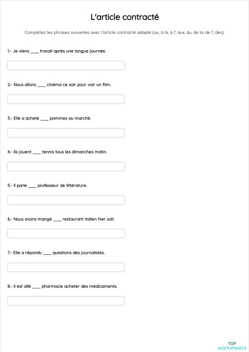 L'article contracté. Fiche interactive | TopWorksheets