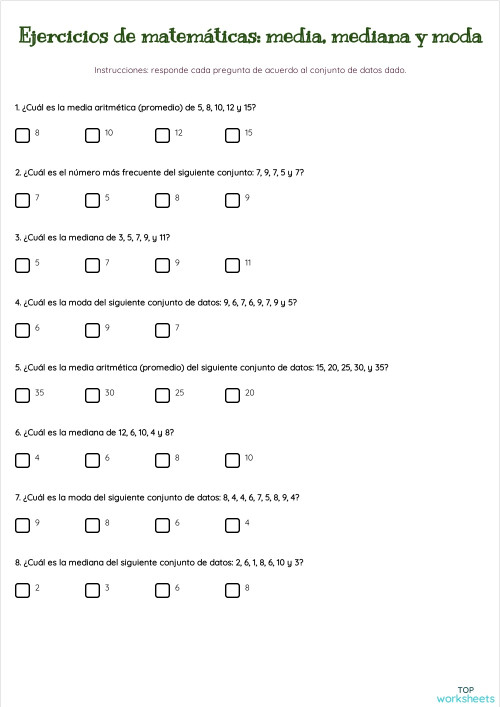 Ejercicios de matemáticas: media, mediana y moda. Ficha interactiva ...