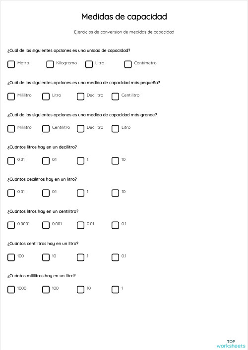 Medidas de capacidad. Ficha interactiva | TopWorksheets