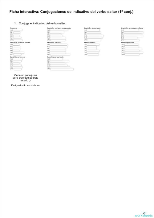 Conjugaciones de indicativo del verbo saltar (1ª conj.). Ficha ...