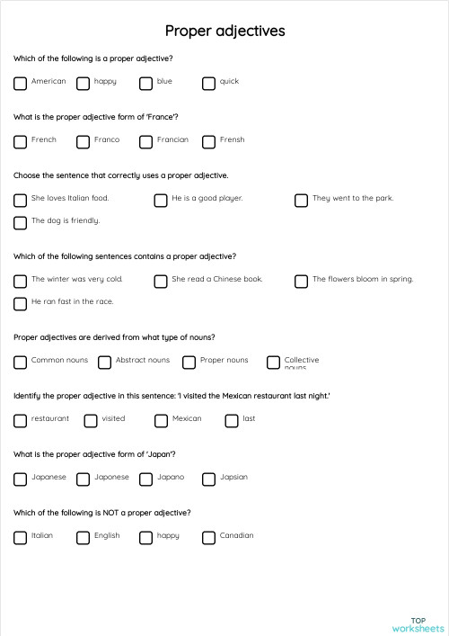 Proper adjectives. Interactive worksheet | TopWorksheets
