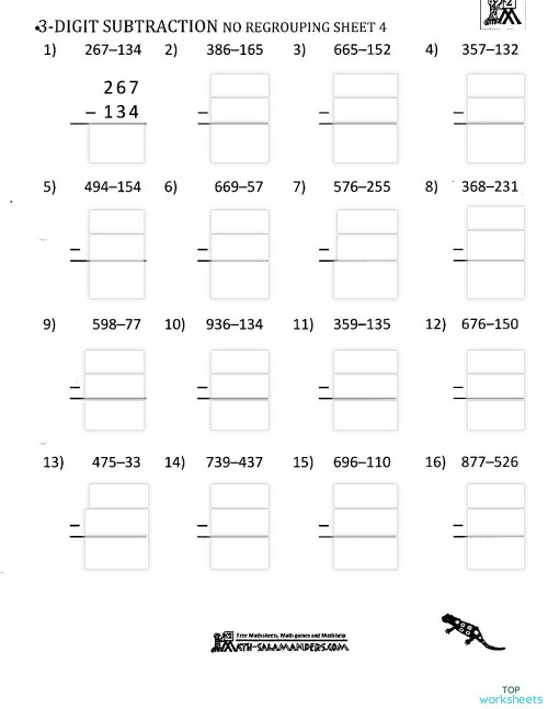 3 DIGIT SUBTRACTION NO REGROUPING SHEET 4. Interactive worksheet | TopWorksheets