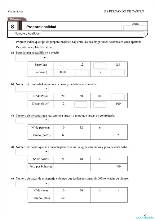Proporcionalidad directa e inversa. Ficha interactiva | TopWorksheets