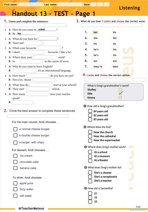 Handout 13 - TEST - Page 1 - Listening. Interactive worksheet ...