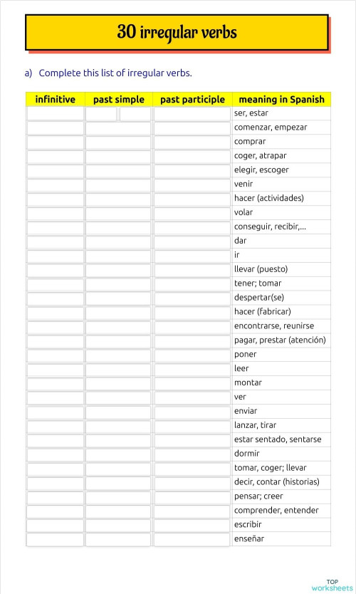 30 irregular verbs. Interactive worksheet | TopWorksheets