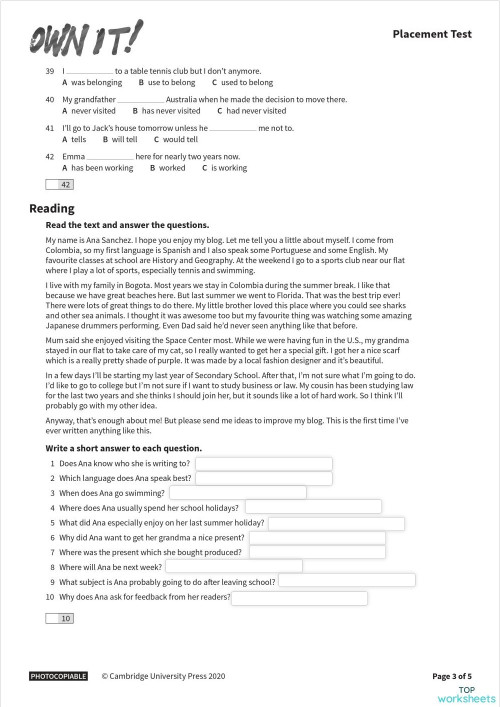 Reading placement test. Interactive worksheet | TopWorksheets