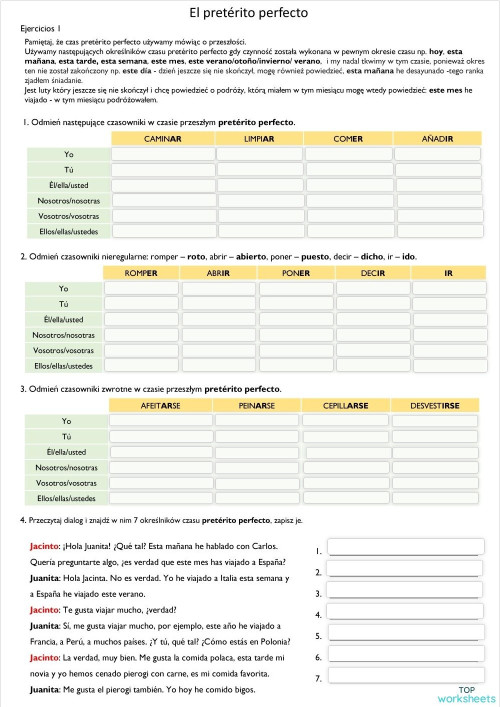 Pretérito perfecto ejercicio 1. Ficha interactiva | TopWorksheets