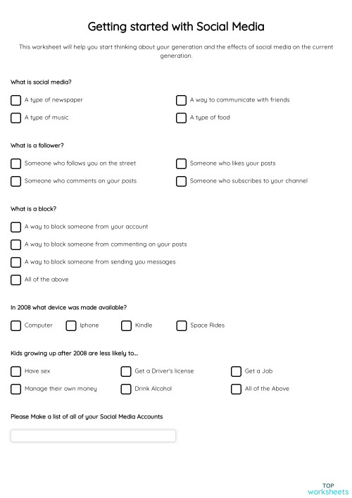 Getting started with Social Media. Interactive worksheet | TopWorksheets