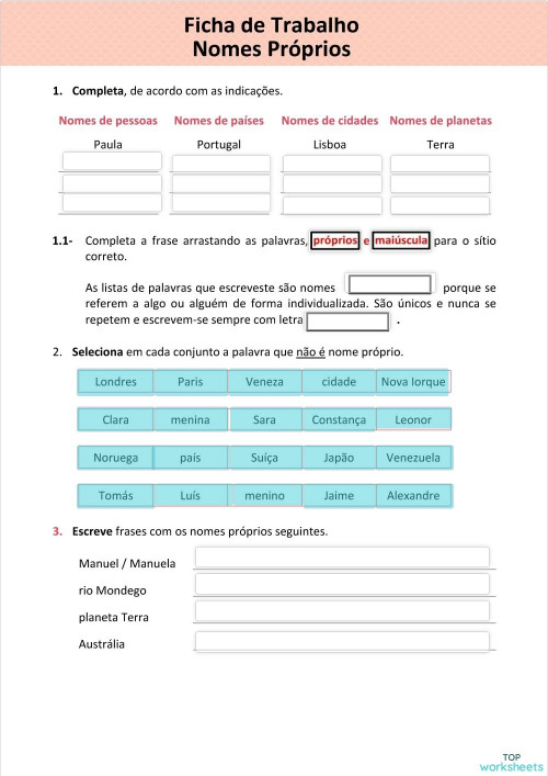 Nomes próprios e nomes comuns. Ficha interativa | TopWorksheets
